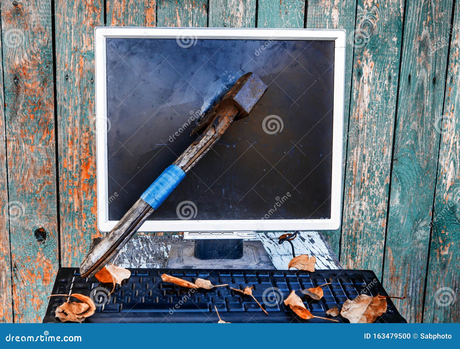 Axe in the Computer Monitor Stock Photo - Image of monitor, outside ...
