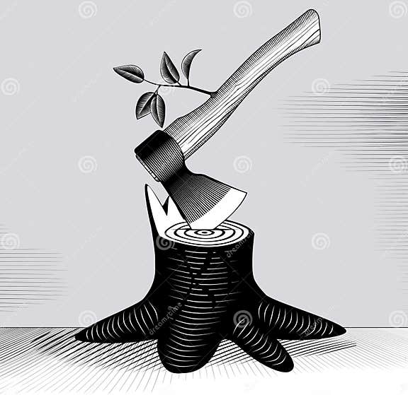 An Axe with a Growing Branch from the Handle Embedded in the Stump of a ...