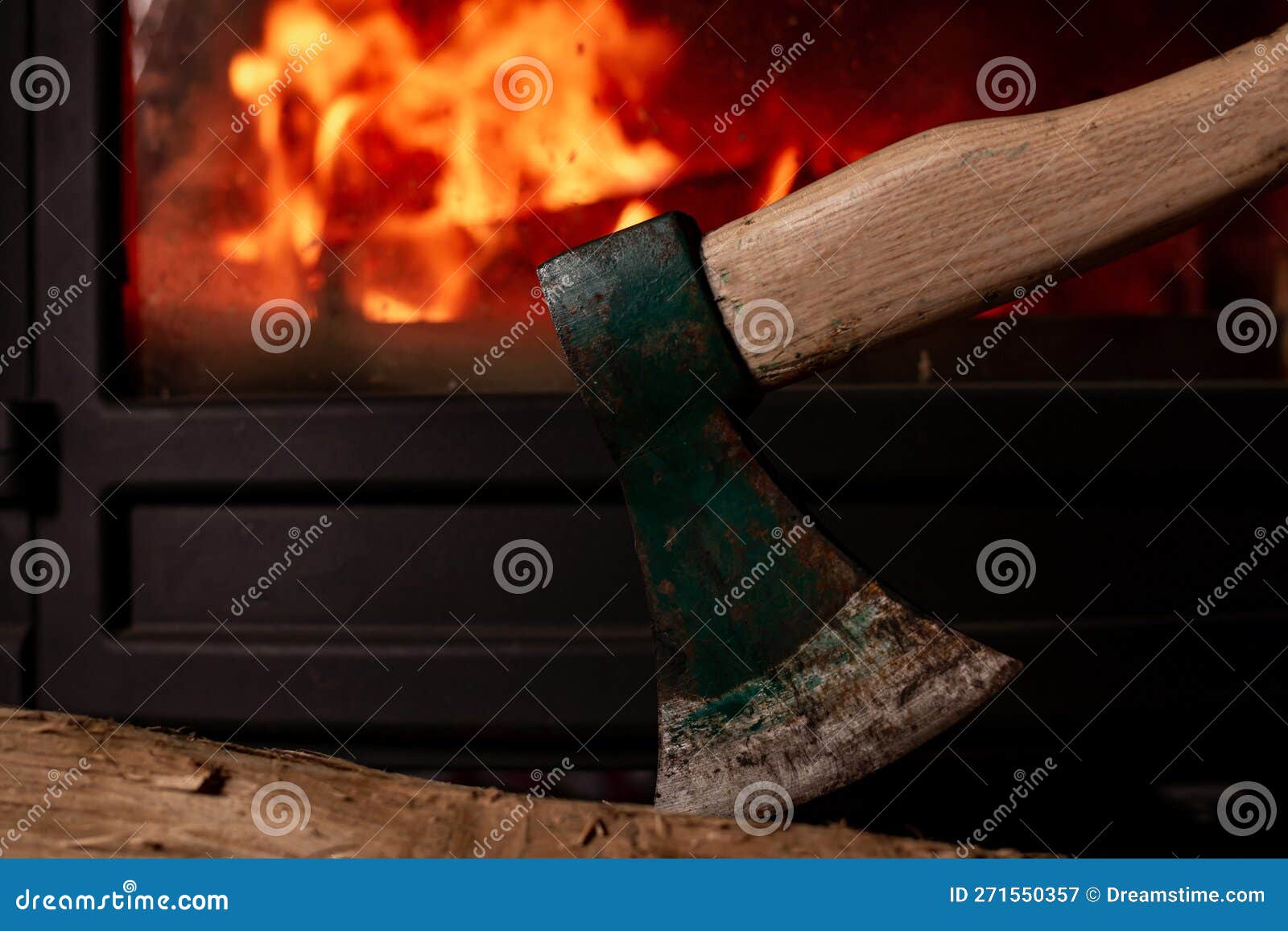 Axe with Log on Background of Burning Fireplace. Wood Heating, Firewood ...