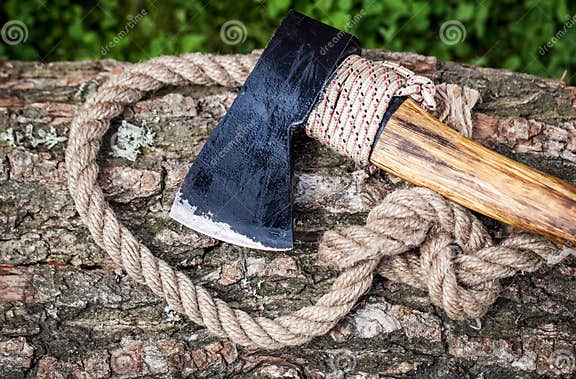 Axe and rope on wood stock photo. Image of blade, nature - 41817088