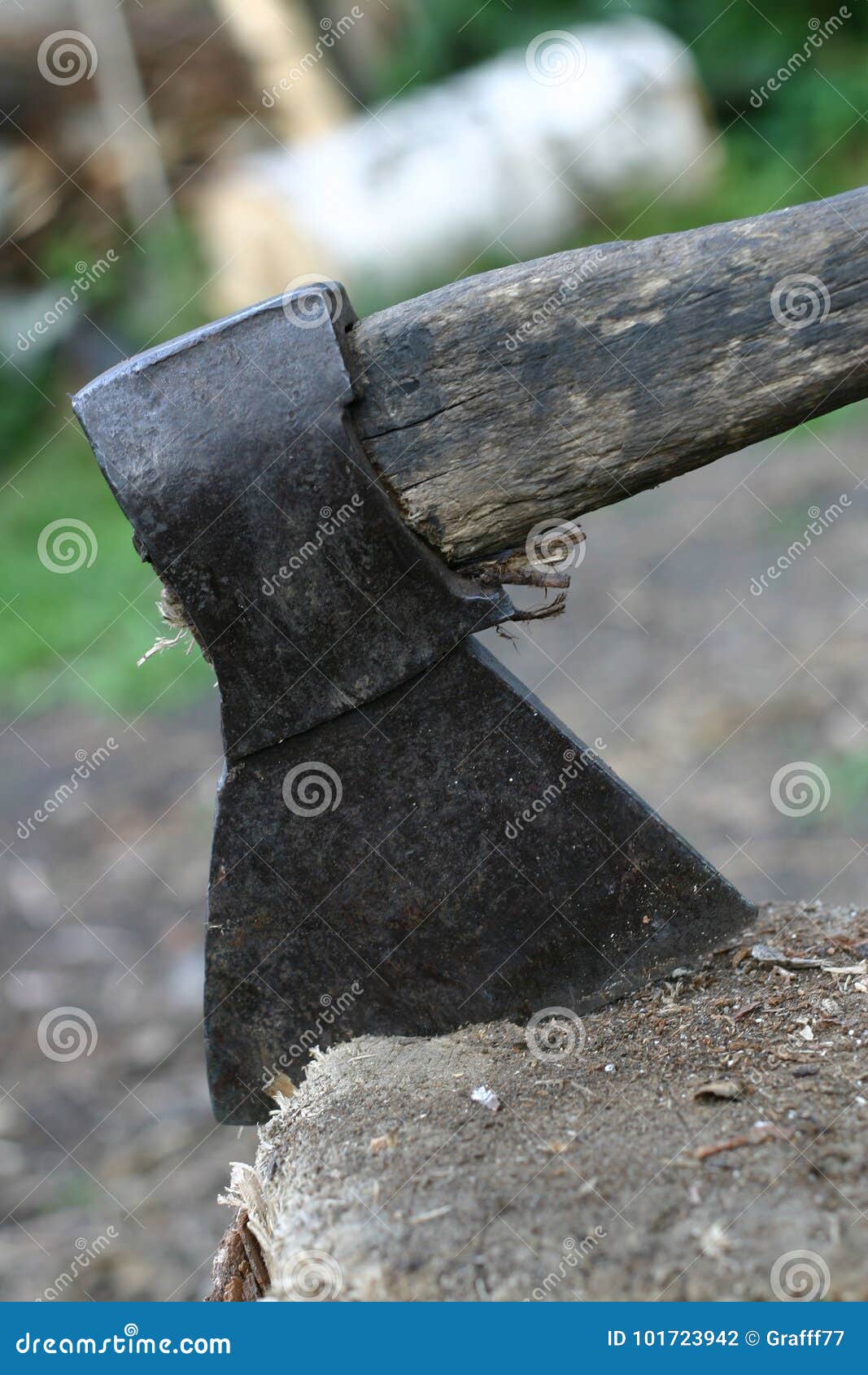 The axe sticks in the log stock photo. Image of object - 101723942