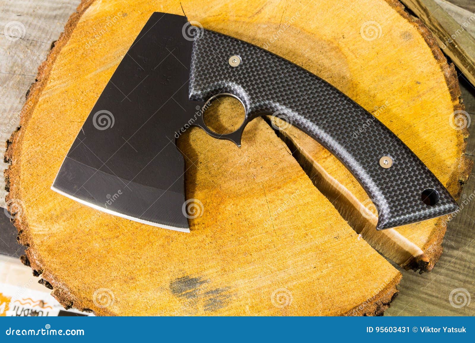 Axe Tourist on a Wooden Background. View the Left. Stock Image - Image ...