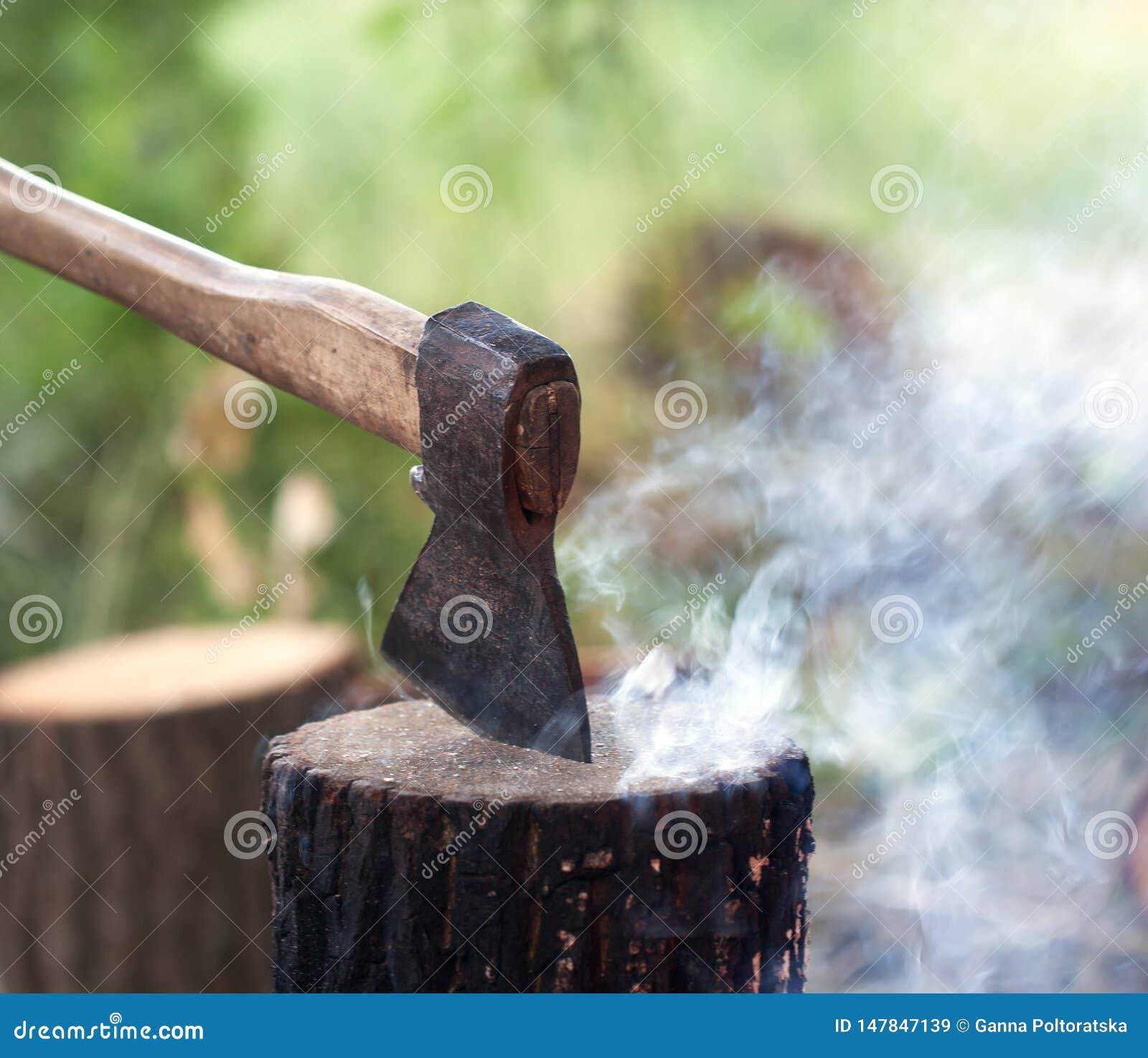 Axe in Tree Stump and Campfire with Smoke in Summer Forest Stock Image ...
