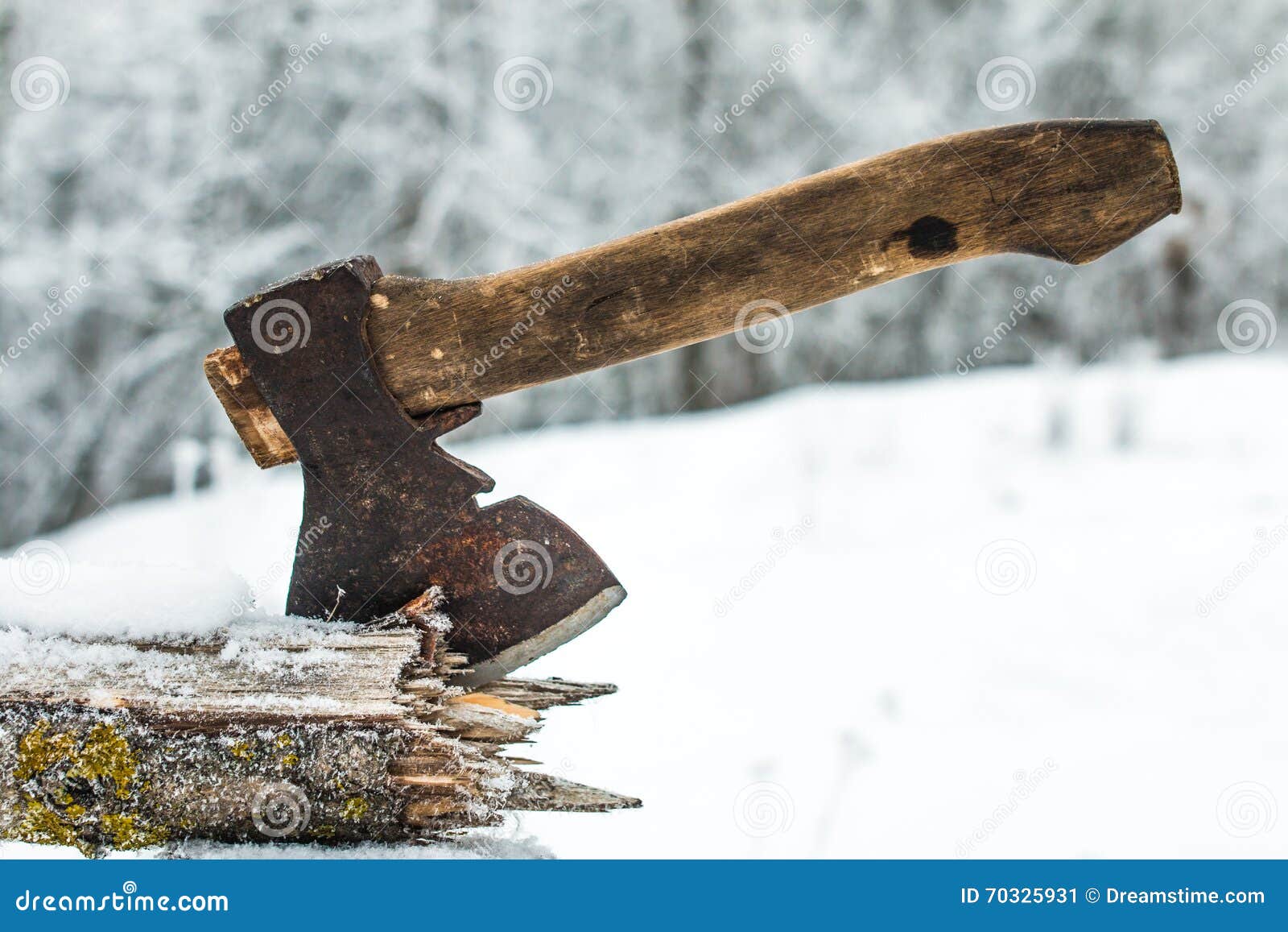 Axe in a tree in winter stock image. Image of camp, winter - 70325931