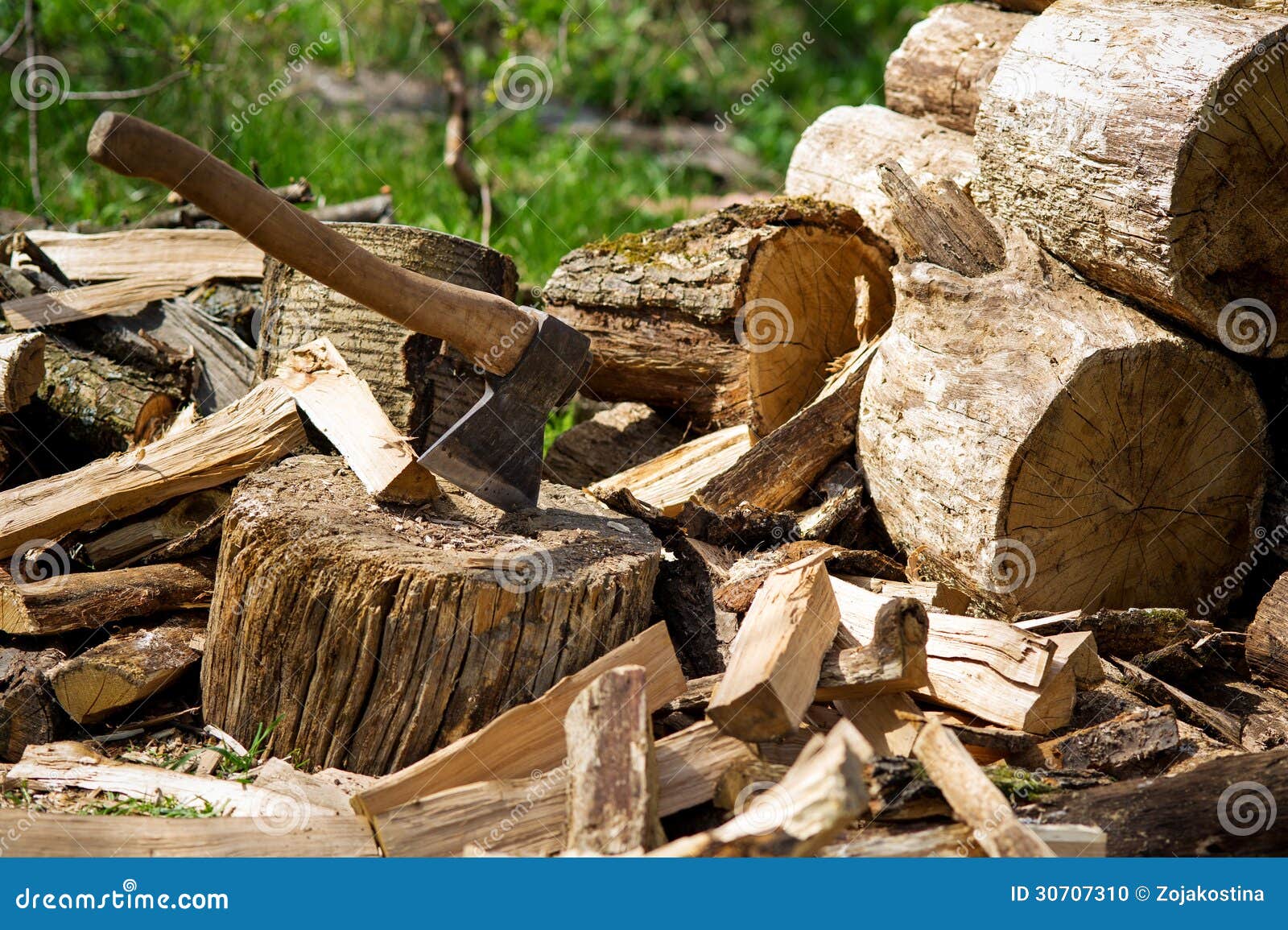 Axe and wooden log pieces stock photo. Image of background - 30707310