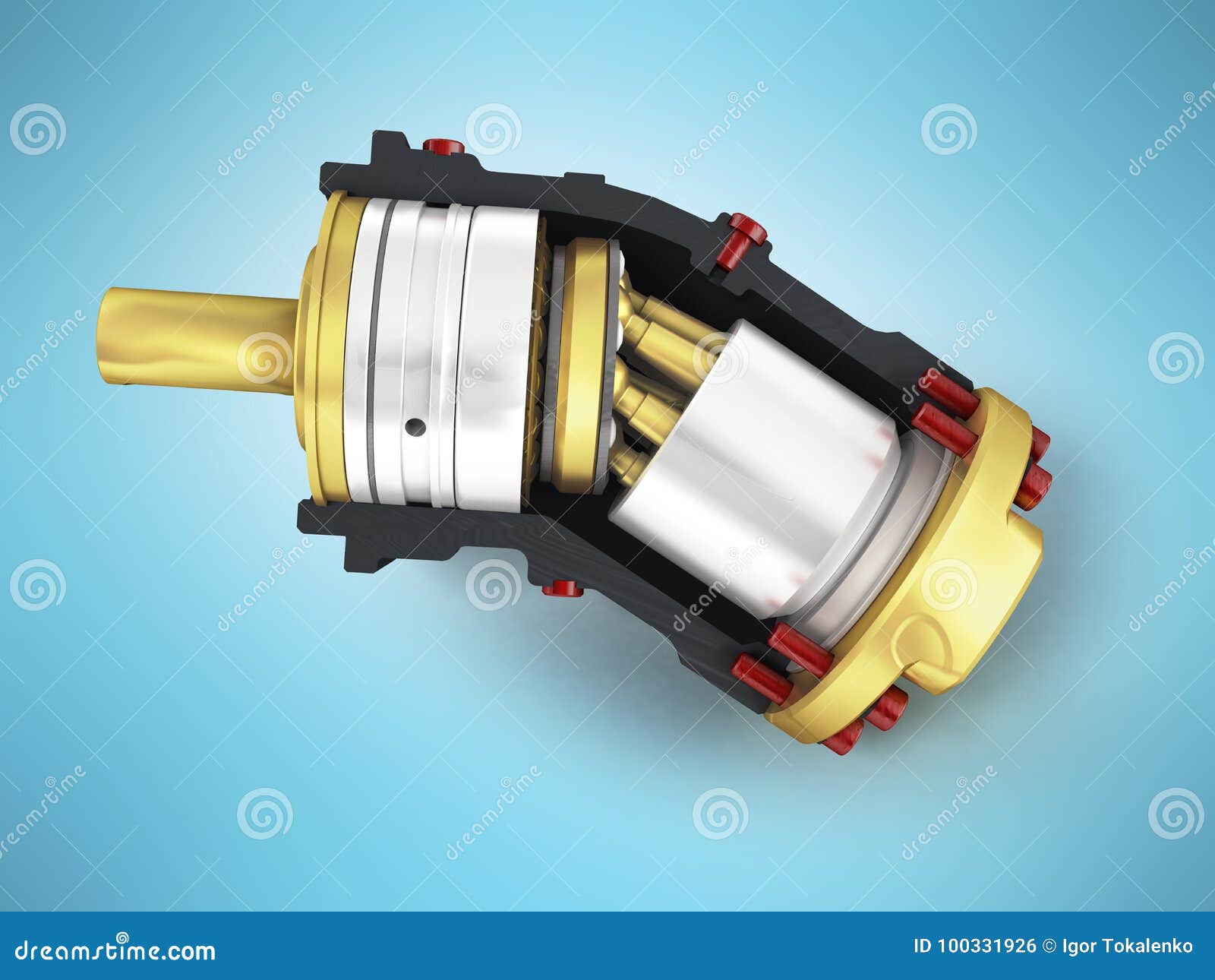 Axial Piston Hydraulic Engine is Gold in Front 3d Render on Blue Stock ...