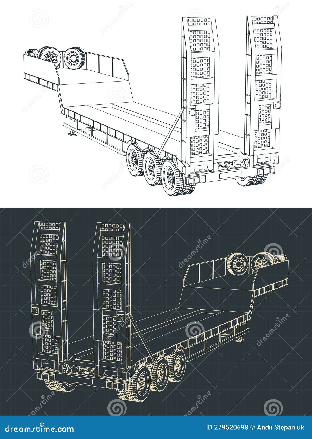 3 Axle Lowbed Trailer Drawings Stock Vector - Illustration of transport ...