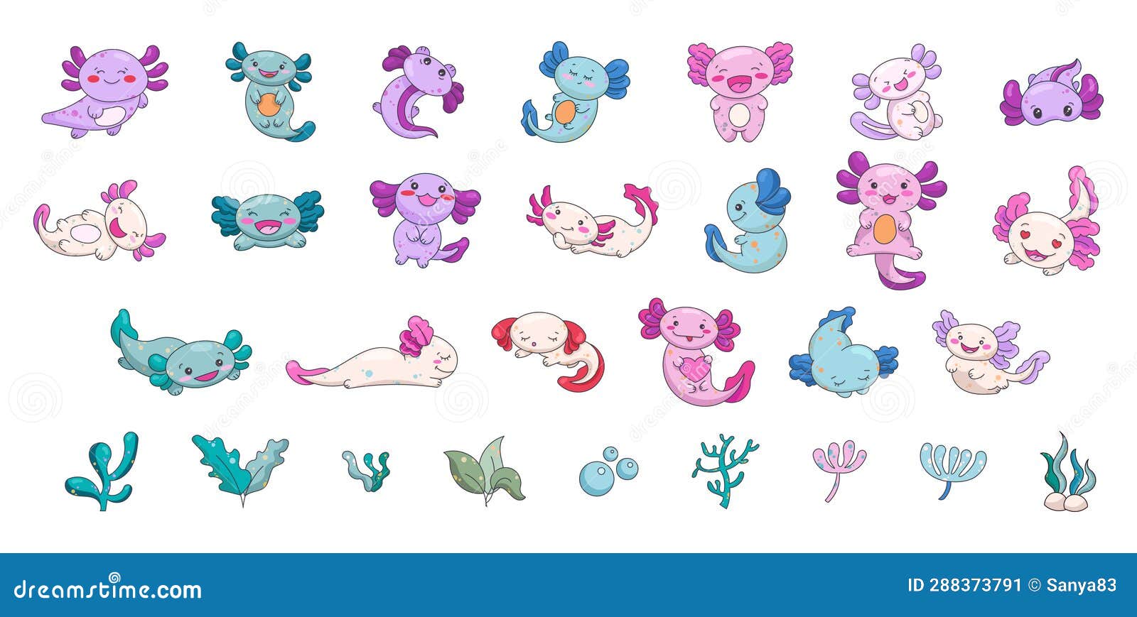 Axolotl Cute Kawaii Character. Underwater Algae Cartoon Vector ...