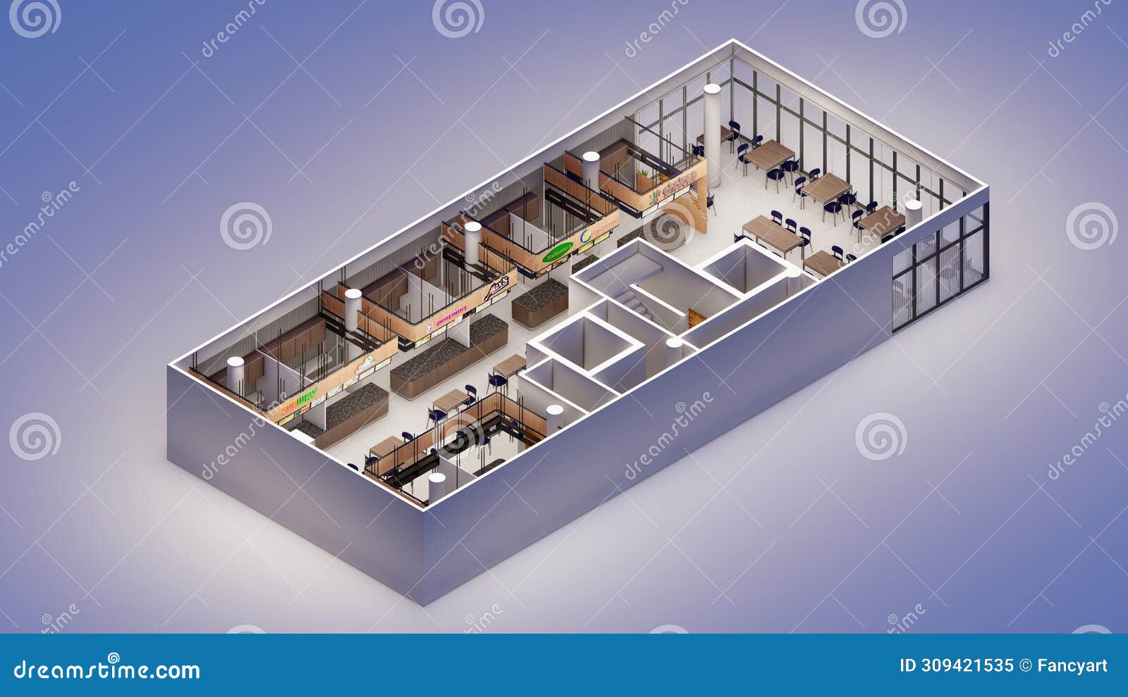 Axonometric 3d Rendering Interior Design of a Food Hall Stock ...
