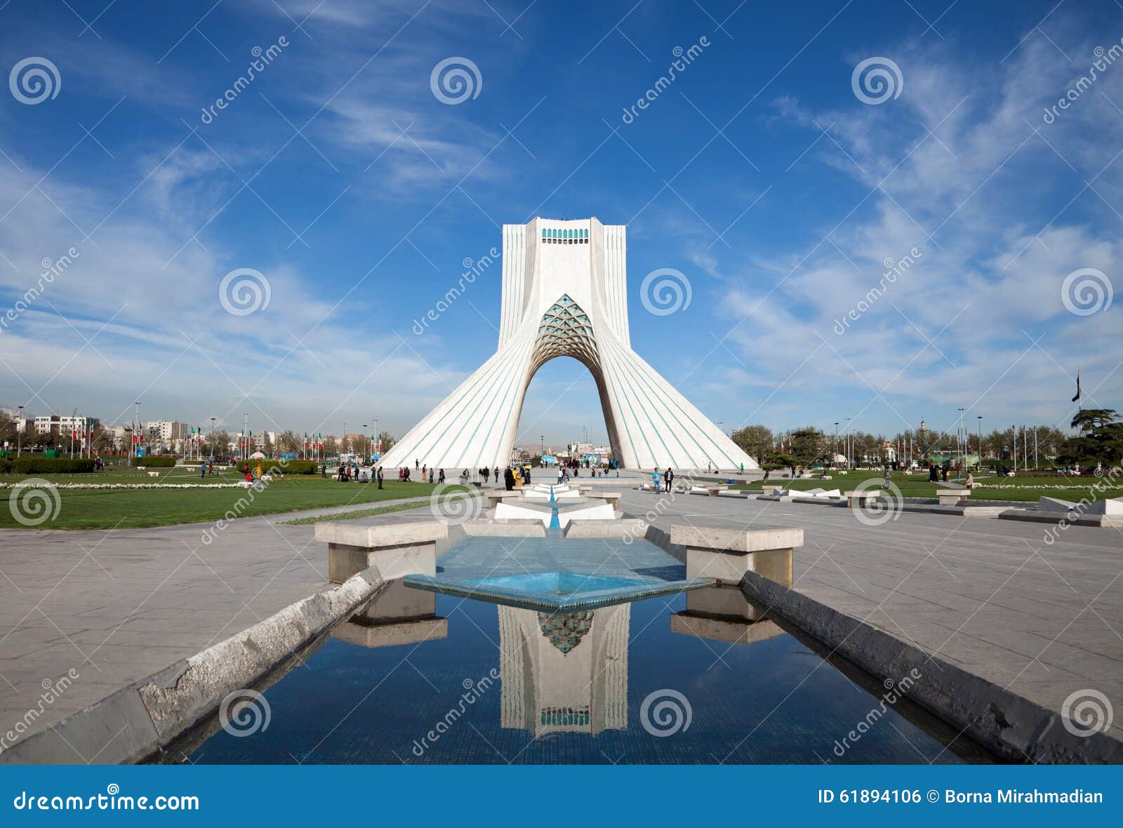 Azadi Monument and Its Reflection on Water Against Blue Sky in Tehran ...