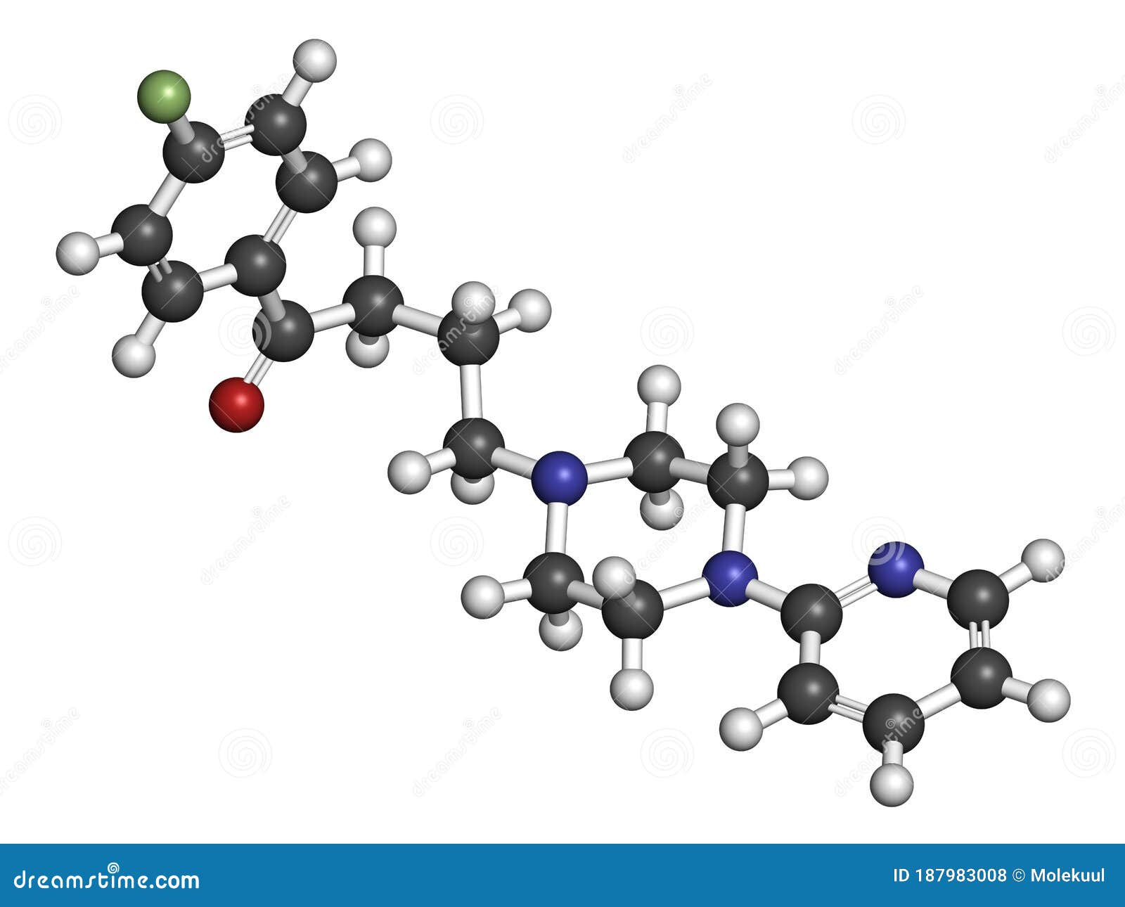 Azaperone Antipsychotic Drug Molecule. 3D Rendering. Atoms are ...
