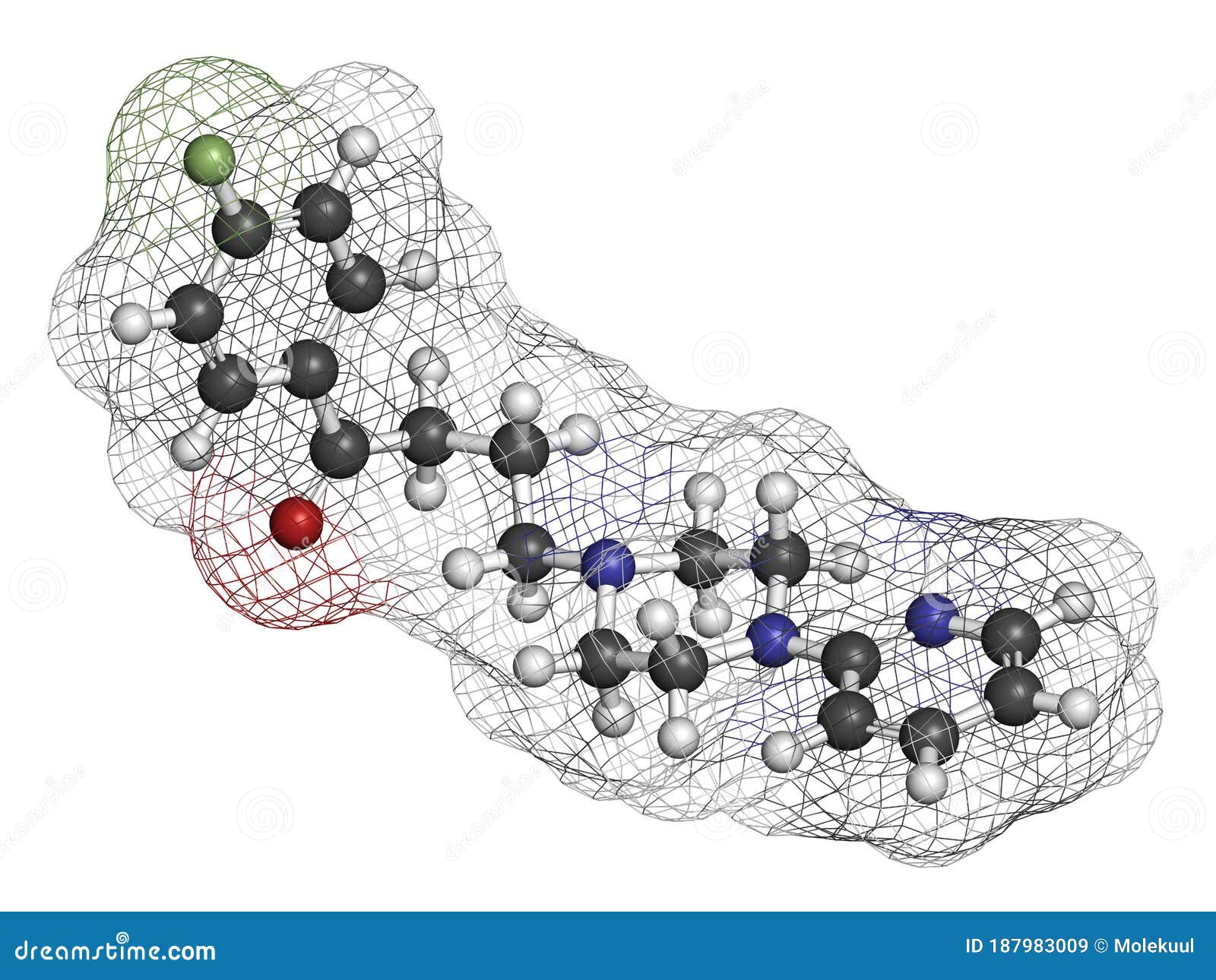 Azaperone Antipsychotic Drug Molecule. 3D Rendering. Atoms are ...