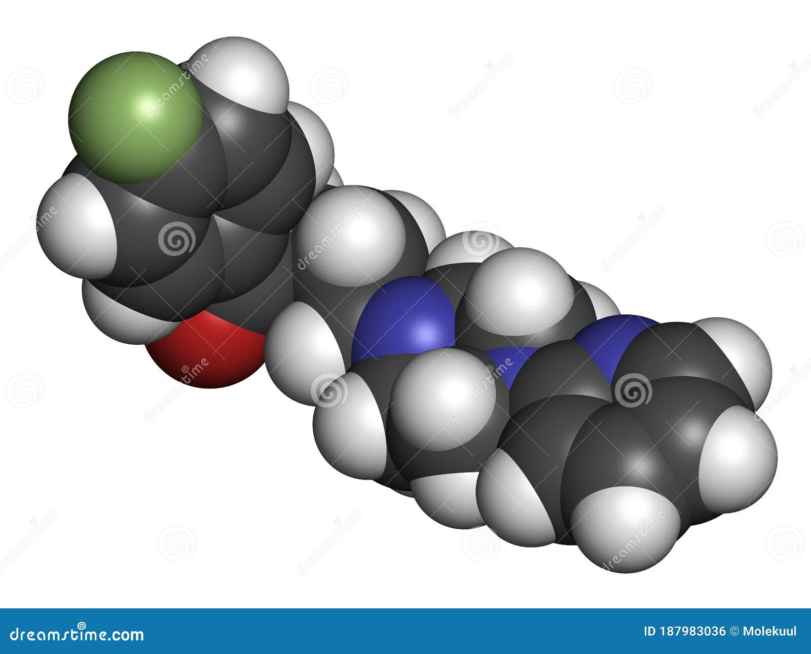 Azaperone Antipsychotic Drug Molecule. 3D Rendering. Atoms are ...