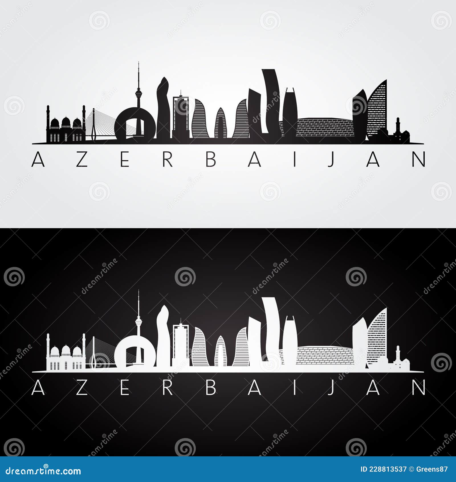 Azerbaijan Skyline and Landmarks Silhouette Stock Vector - Illustration ...
