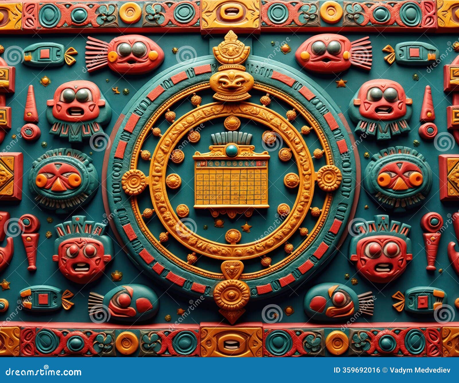 Aztec Calendar Artwork Intricate Symbols, Patterns. Brightly Colored ...