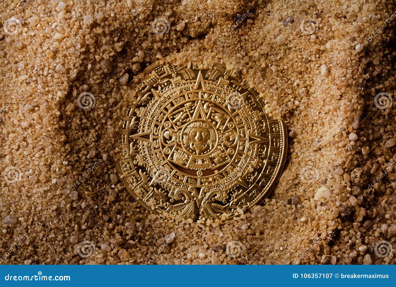 Golden Antique Aztec Coin in Sand. Stock Image - Image of tribal ...