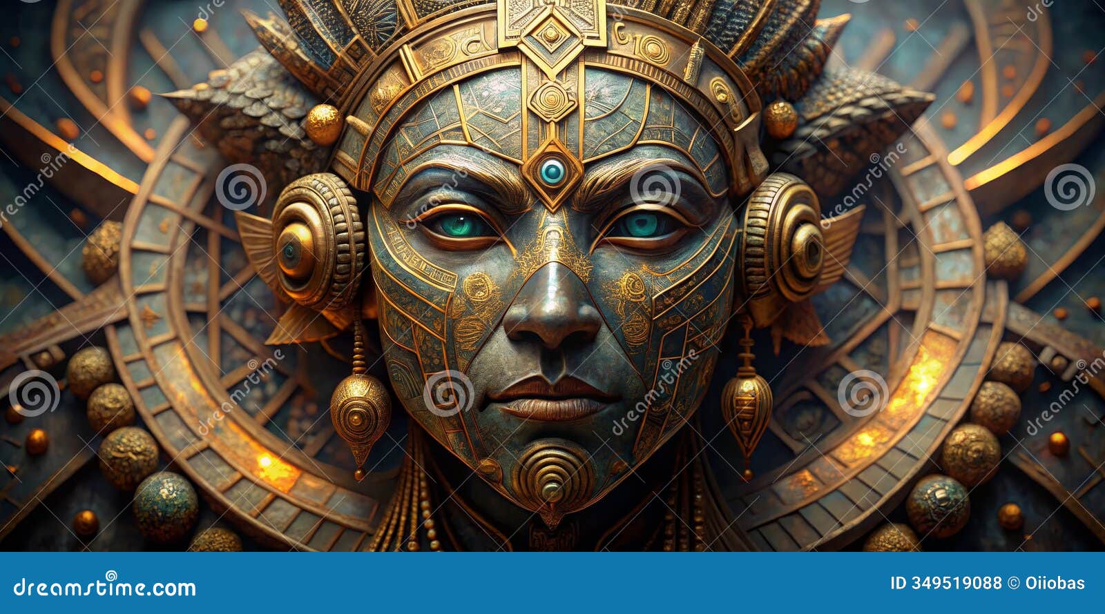 Aztec Goddess Gold, Teal, Digital Portrait Stock Illustration ...