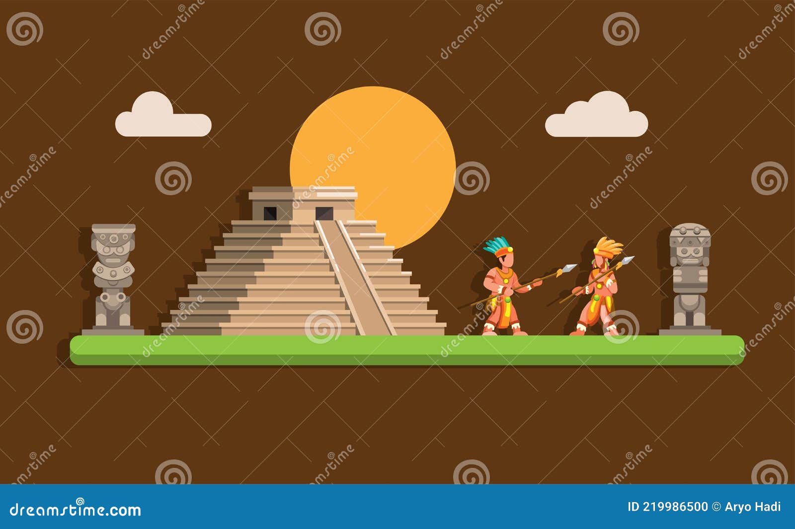 Aztec Mayan Ancient Pyramid With Warrior Illustration In Flat Cartoon ...