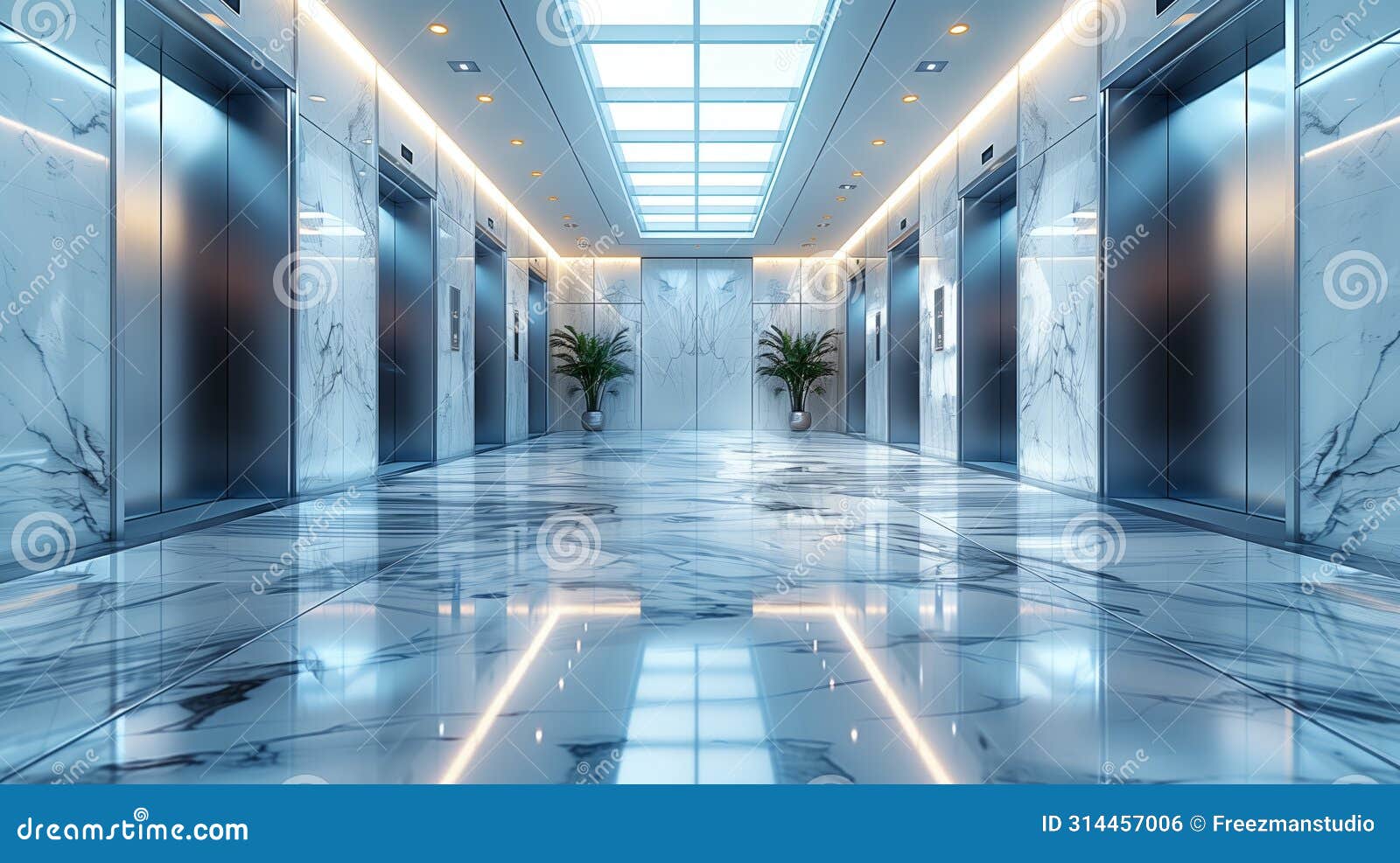 Azure Building Hallway with Multiple Electric Blue Glass Elevators ...