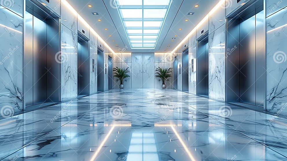 Azure Building Hallway with Multiple Electric Blue Glass Elevators Stock Photo - Image of house ...