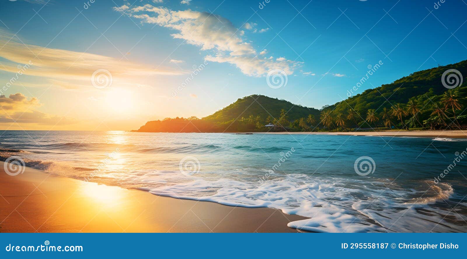 Azure Horizon, Flat Ocean Under a Beautiful Blue Sky with Puffy Clouds ...