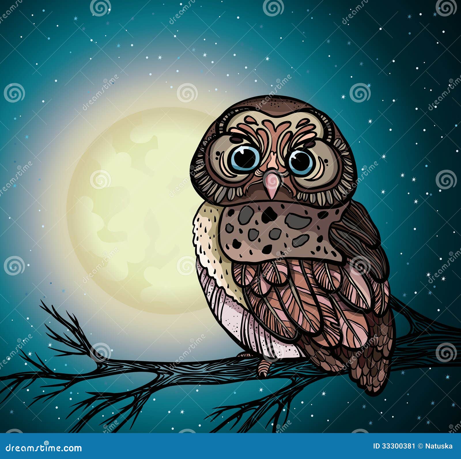 Búho De La Historieta Y Luna Llena. Stock de ilustración - Ilustración ...