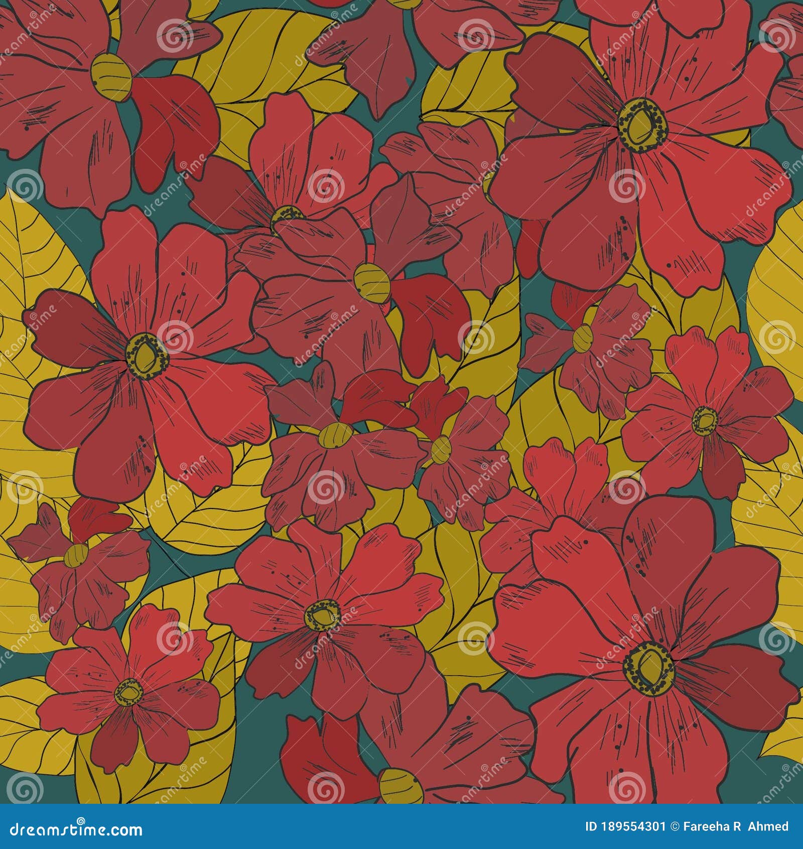 Seamless Floral Pattern Maroon Flowers with Blue Background. Vector ...