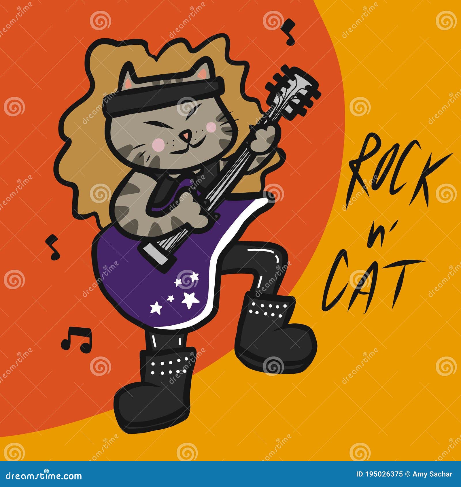 Rocker Cat Play Guitar Cartoon Vector Illustration Stock Vector ...