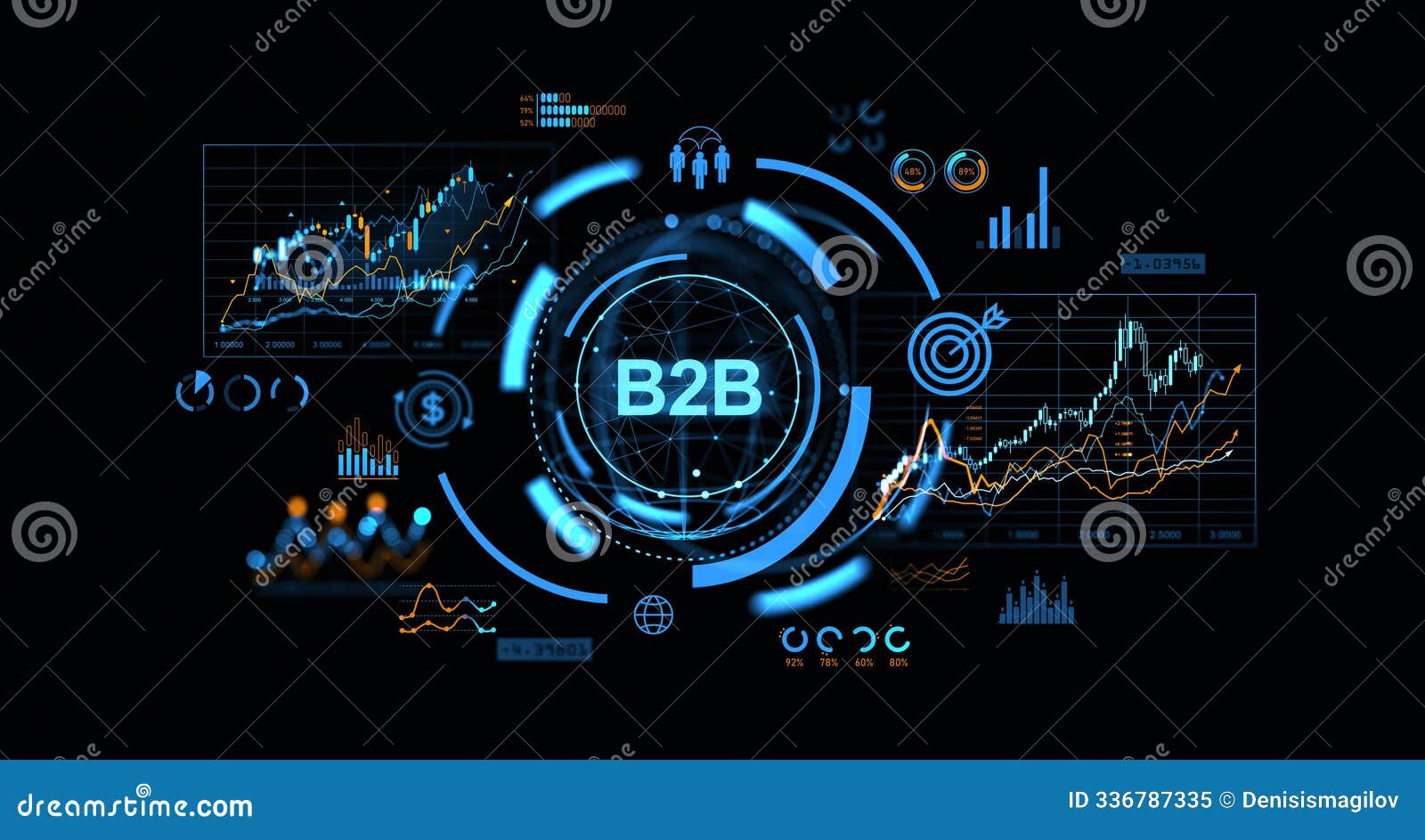 B2B Technology Interface with Data Visualizations and Icons. 3D ...