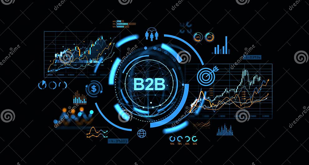 B2B Technology Interface with Data Visualizations and Icons. 3D ...