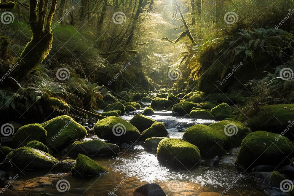 Babbling Brook with Moss-covered Rocks and Sunlight Filtering through ...