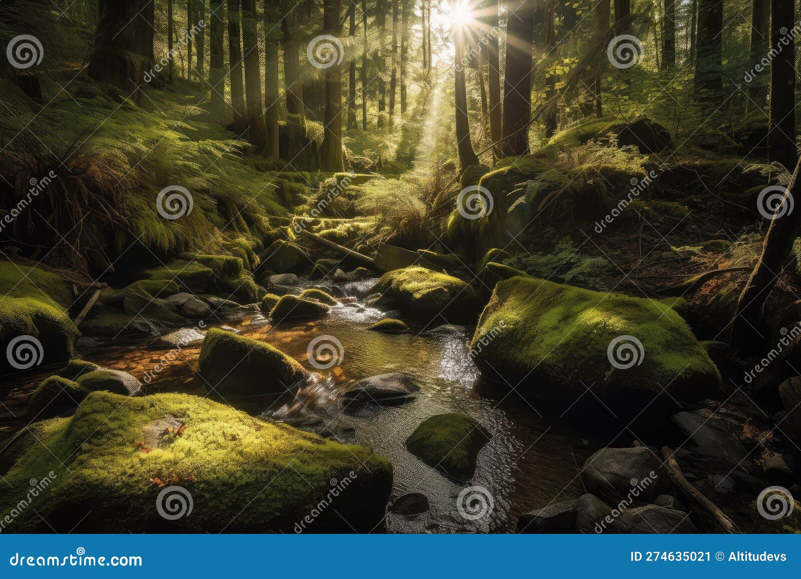 Babbling Brook with Moss-covered Rocks and Sunlight Filtering through ...