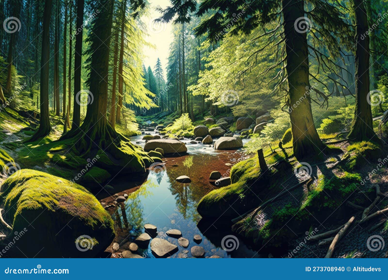 Babbling Brook and Towering Trees in Forest Panorama Stock Illustration - Illustration of ...