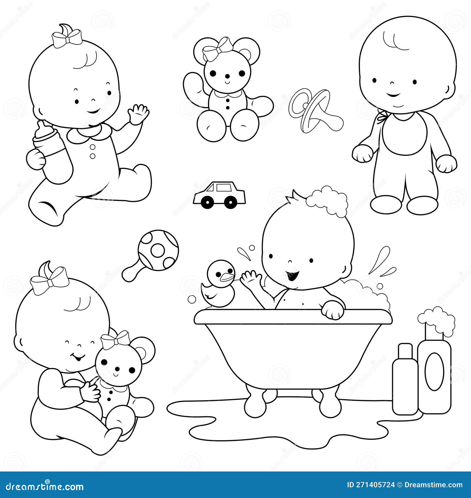 Babies Taking a Bath, Playing, Walking and Drinking Milk. Vector Black ...