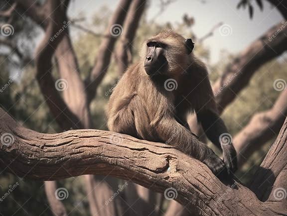 Baboon Basking in the Sun on a Tree Branch in Safari. Stock ...