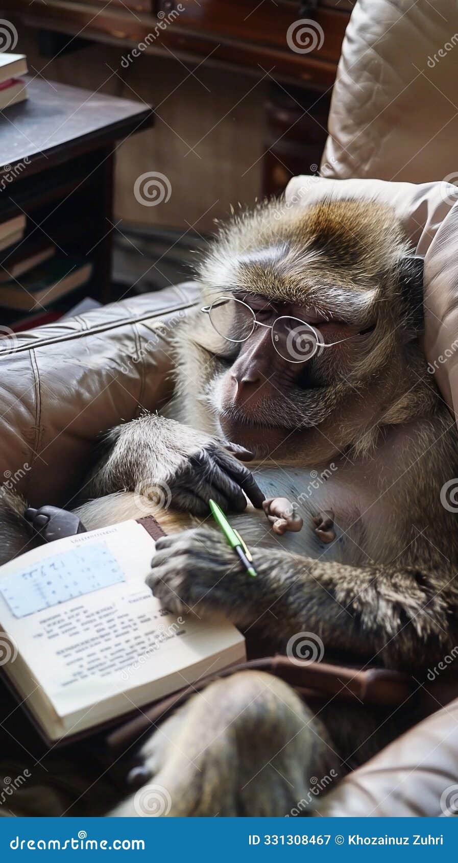 Baboon with Glasses Sleeping on Notebook in Cozy Study Setting Stock ...