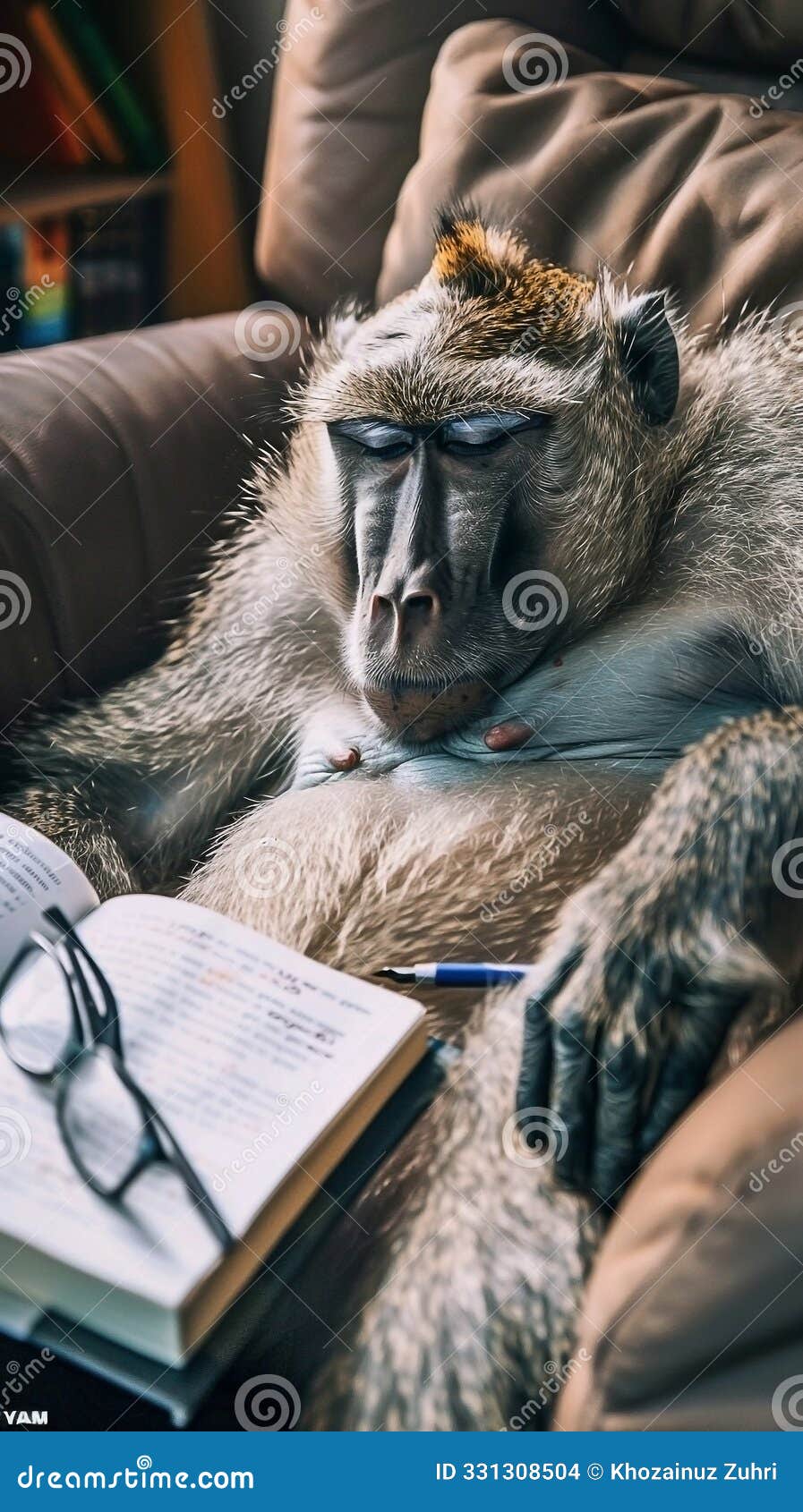Baboon with Glasses Sleeping on Notebook in Cozy Study Setting Stock ...