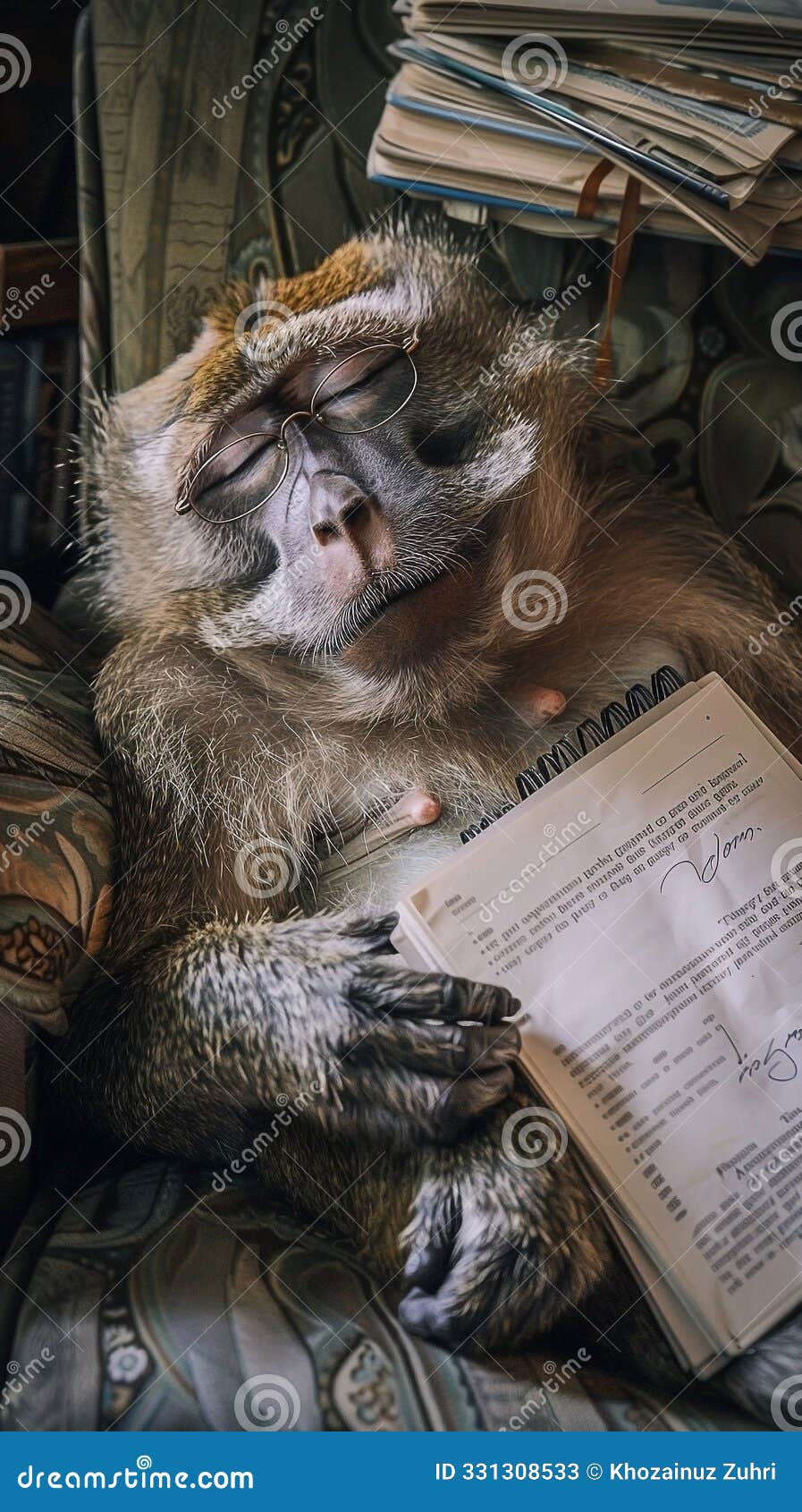 Baboon with Glasses Sleeping on Notebook in Cozy Study Setting Stock ...