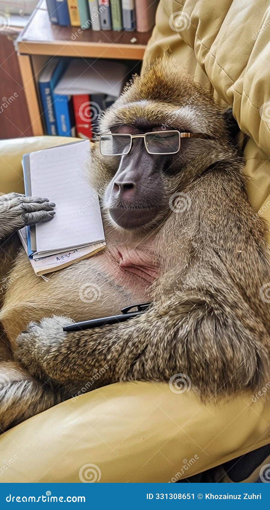 Baboon with Glasses Sleeping on Notebook in Cozy Study Setting Stock ...