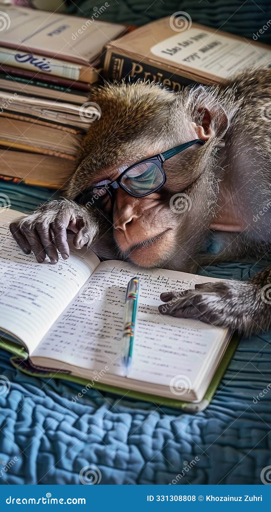 Baboon with Glasses Sleeping on Notebook in Cozy Study Setting Stock ...