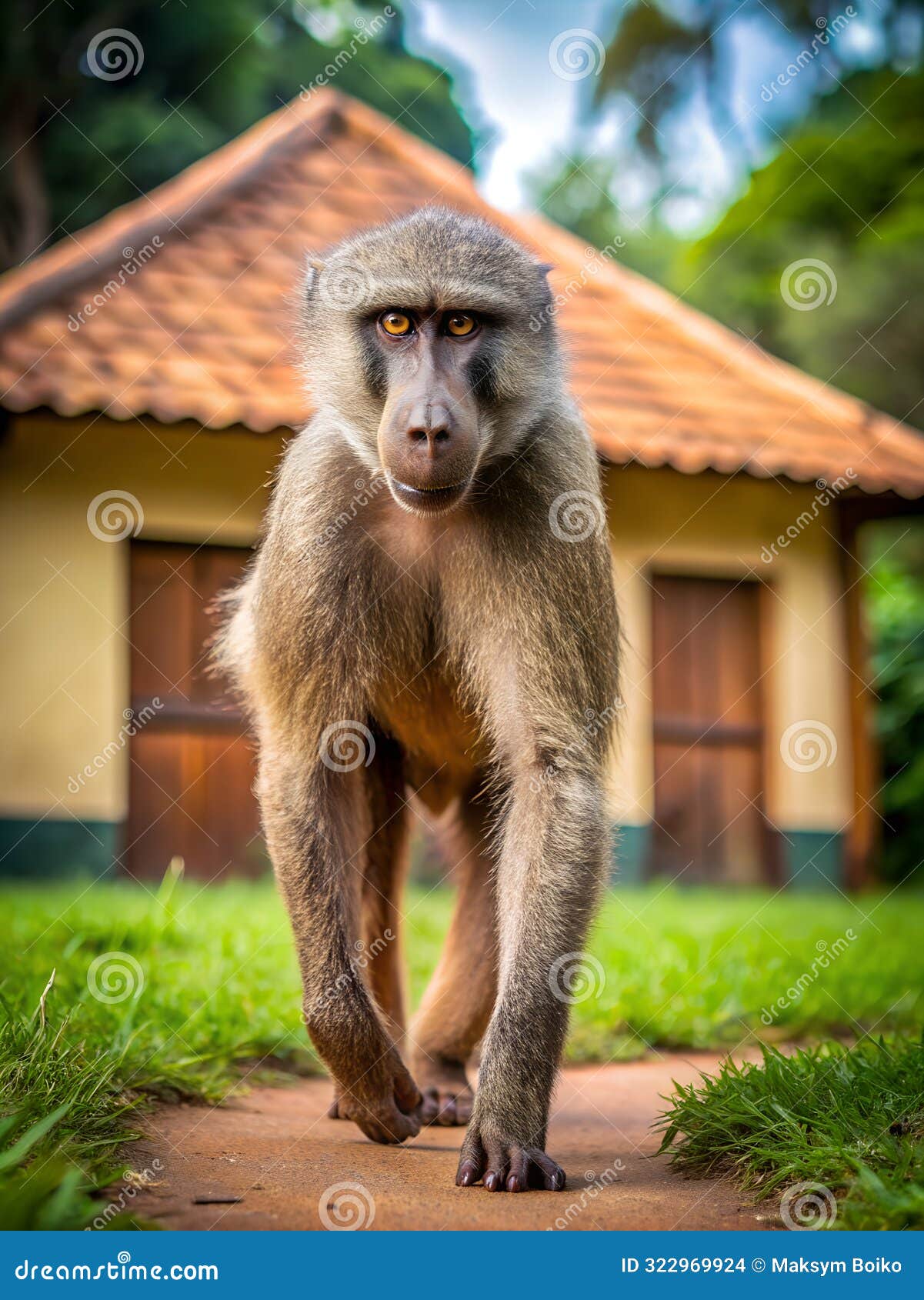Baboon monkey walks house stock illustration. Illustration of monkey ...