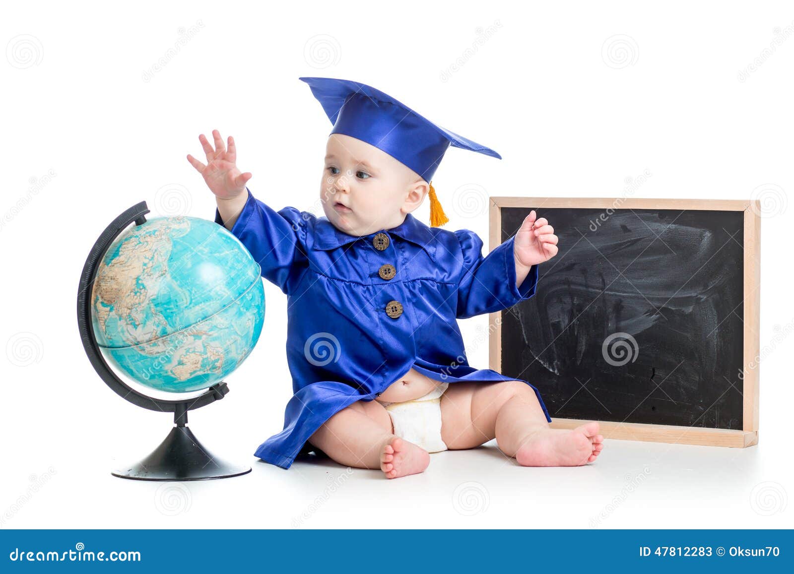 Baby in Academician Clothes with Globe at Chalkboard Stock Image ...