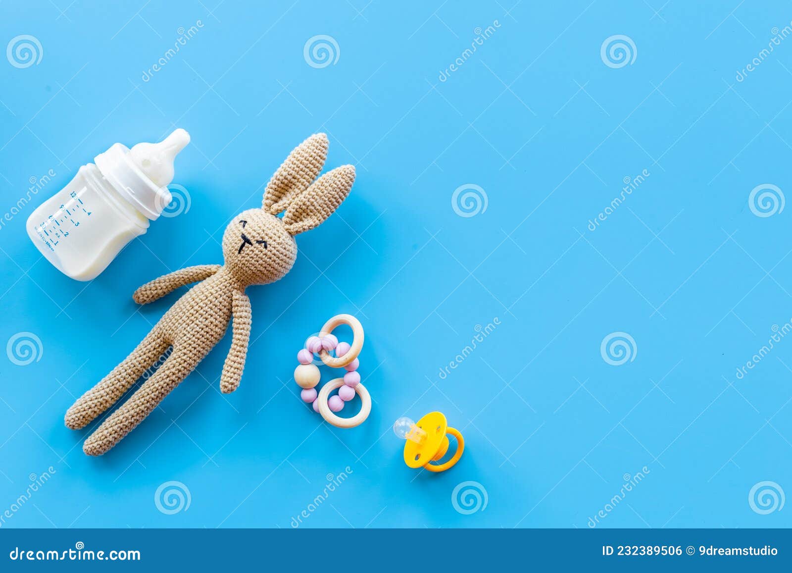 Baby Accessories with Milk Bottle and Rabbit Toy Stock Photo - Image of ...