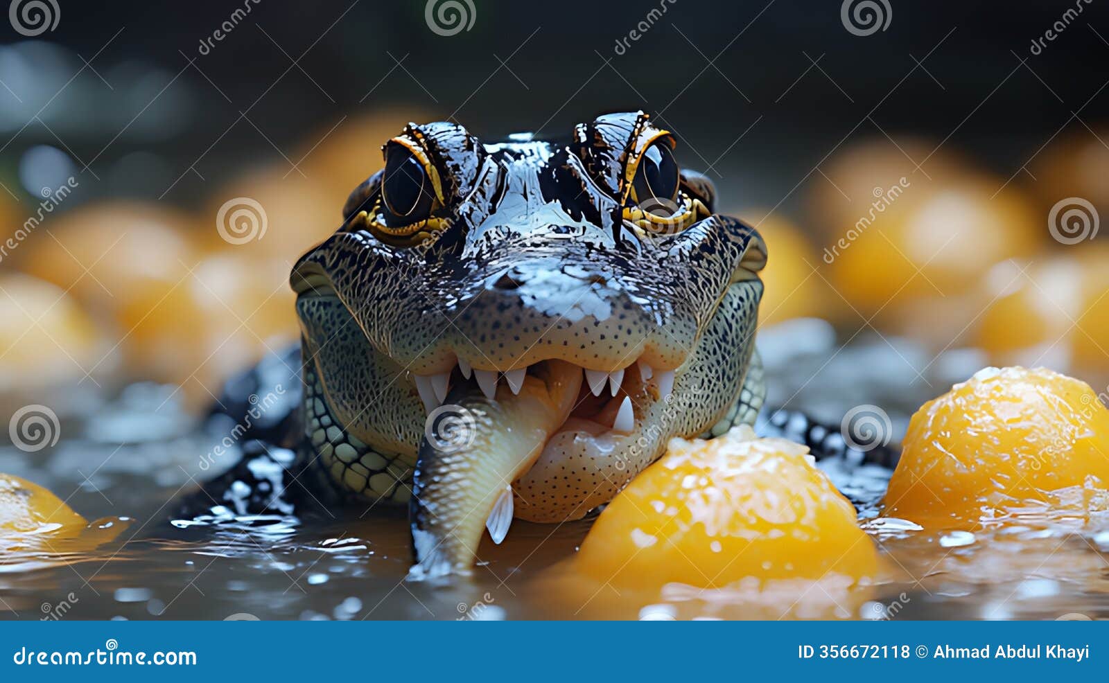 Baby Alligator Eating Fish Surrounded by Yellow Fruit Stock ...