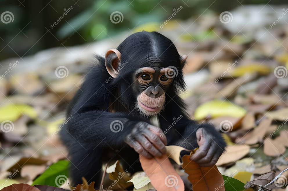 Baby Ape with Playful Expression Pulling Leaves Stock Image - Image of ...
