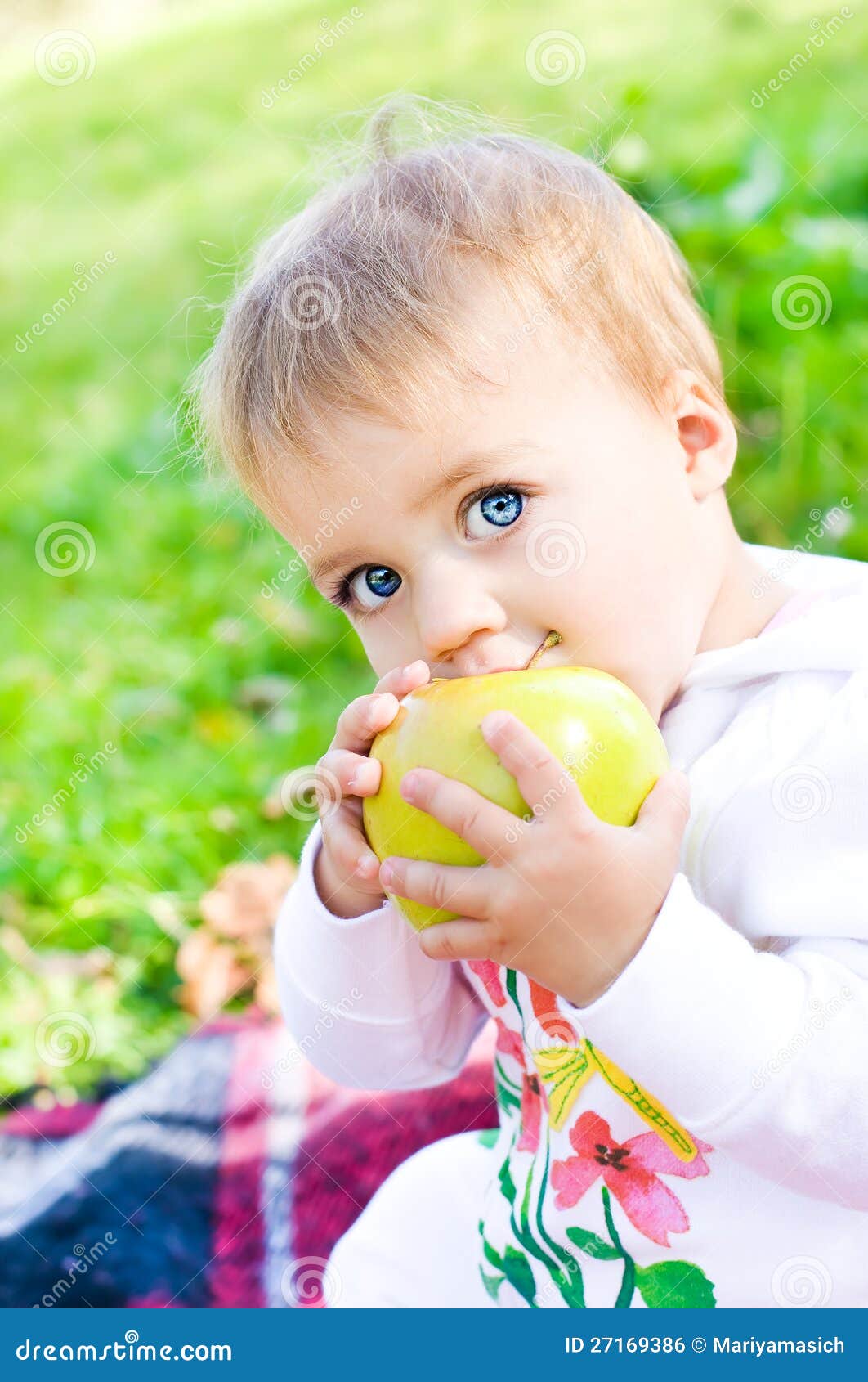 Baby with apple stock photo. Image of plant, blue, summer - 27169386