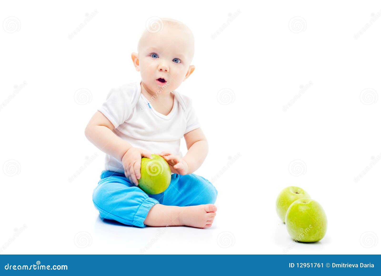 Baby with apples stock image. Image of funny, green, apple - 12951761