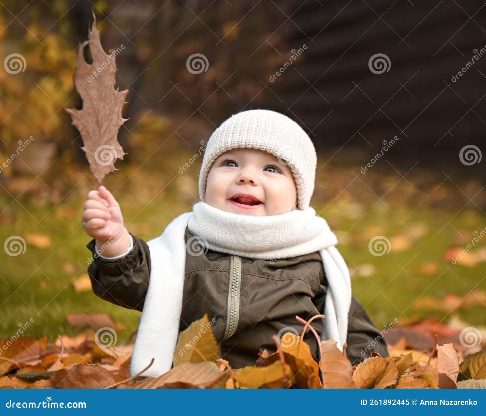 A baby in autumn leaves stock image. Image of garden - 261892445