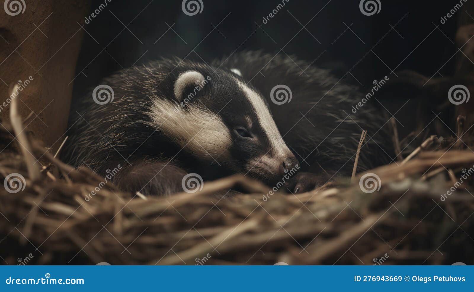 A Baby Badger is Curled Up in a Nest of Straw Stock Illustration ...