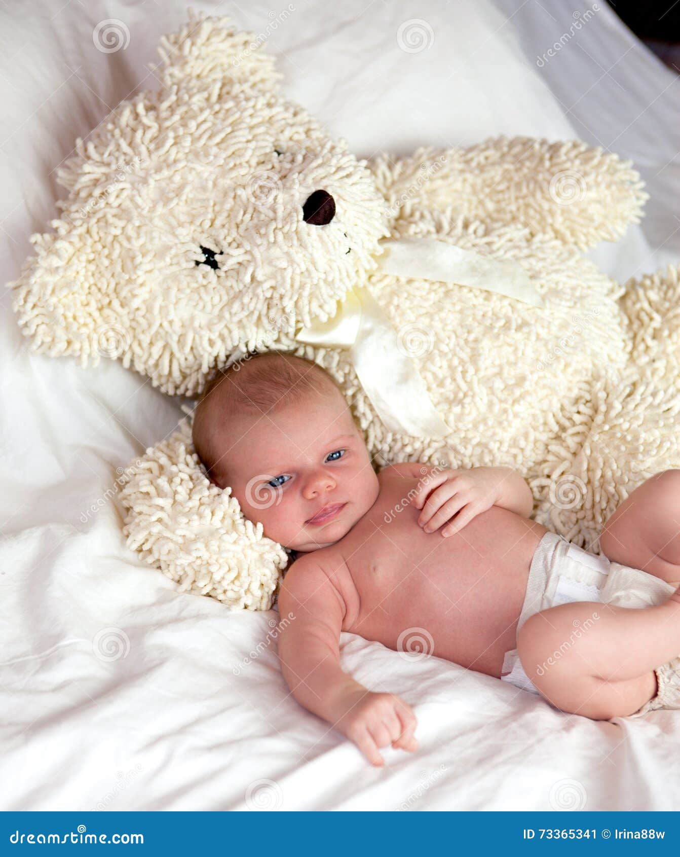 Baby with Big White Teddy Bear at Home Stock Image - Image of laugh ...